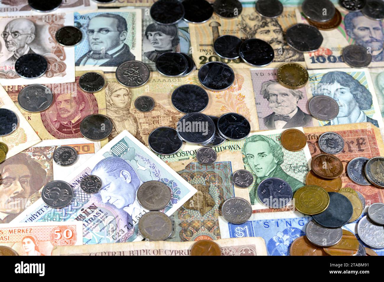 Old money currency of banknotes and coins from different countries of ...