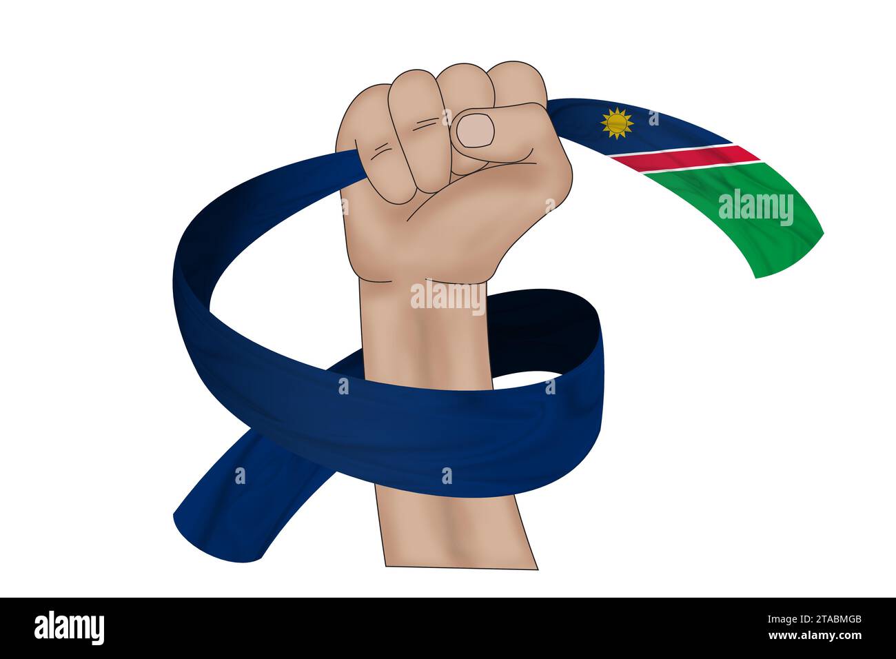3D illustration. Hand holding flag of Namibia on a fabric ribbon ...