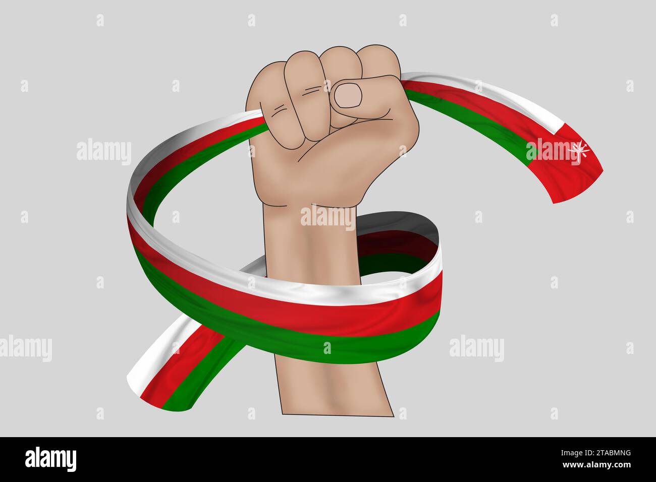3D illustration. Hand holding flag of Oman on a fabric ribbon ...