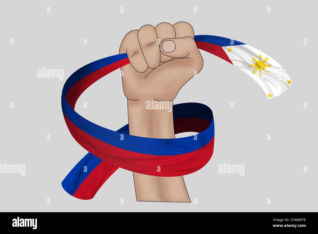 3D illustration. Hand holding flag of Philippines on a fabric ribbon ...