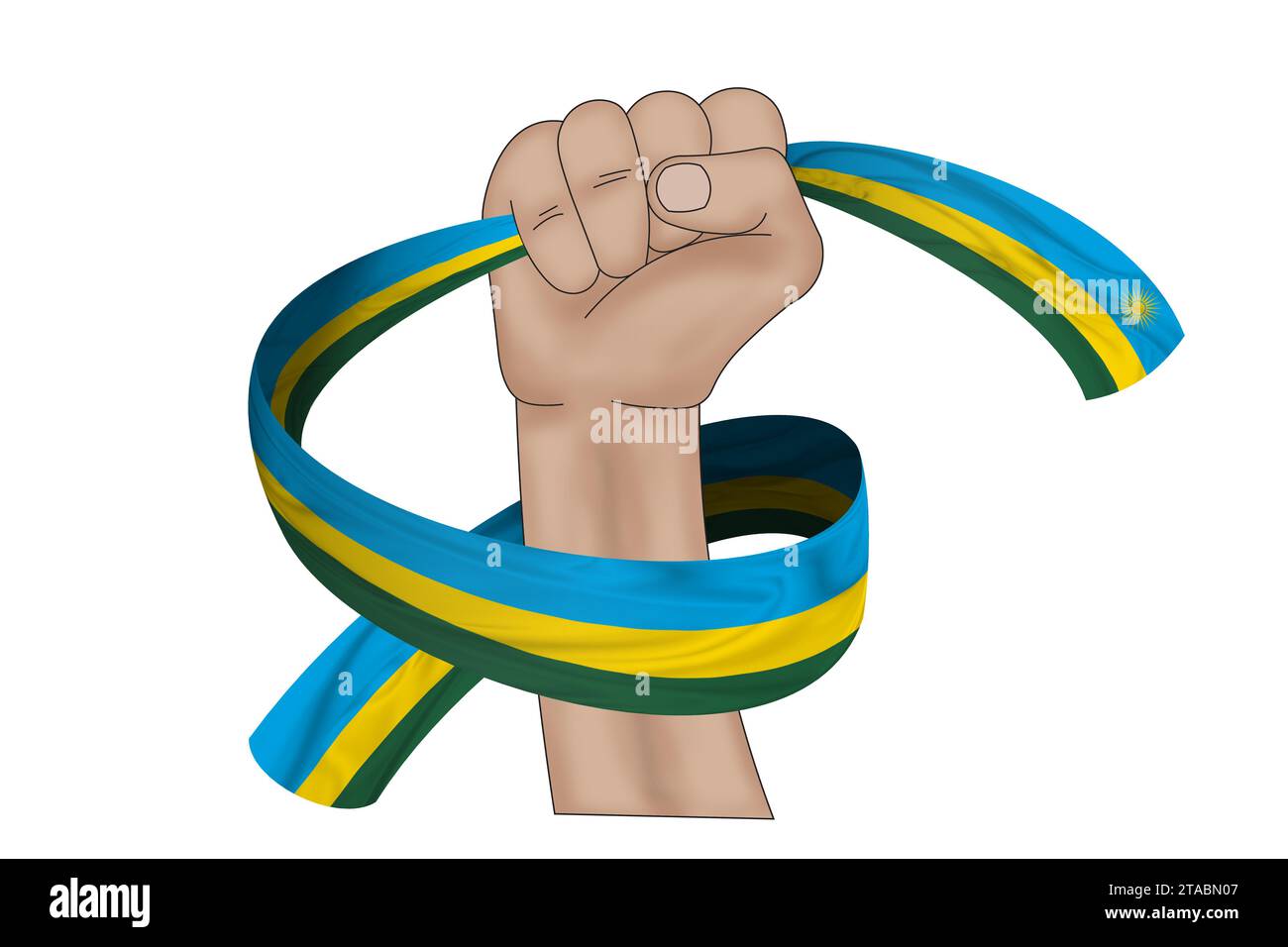 3D illustration. Hand holding flag of Rwanda on a fabric ribbon ...