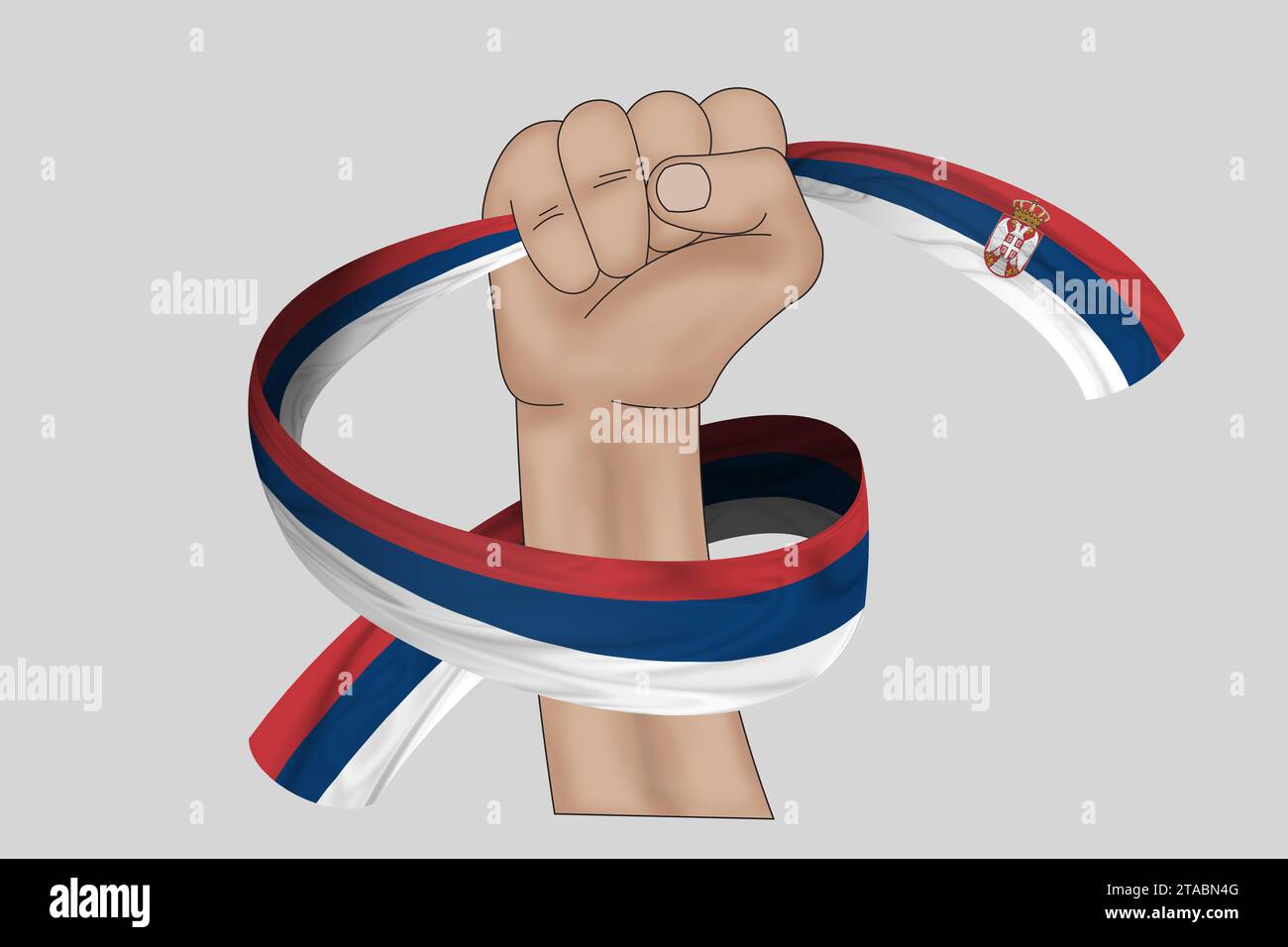 3D illustration. Hand holding flag of Serbia on a fabric ribbon ...
