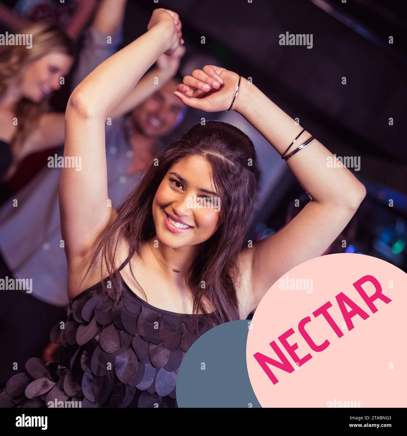 Composition of nectar text with shapes over biracial woman dancing at ...