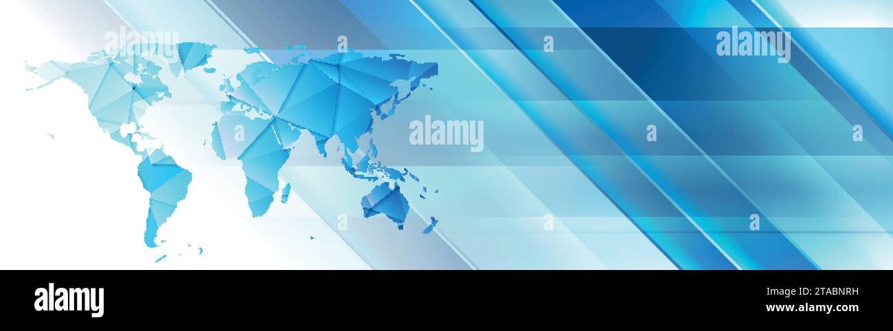 Bright blue geometric tech background low poly world map. Vector banner ...