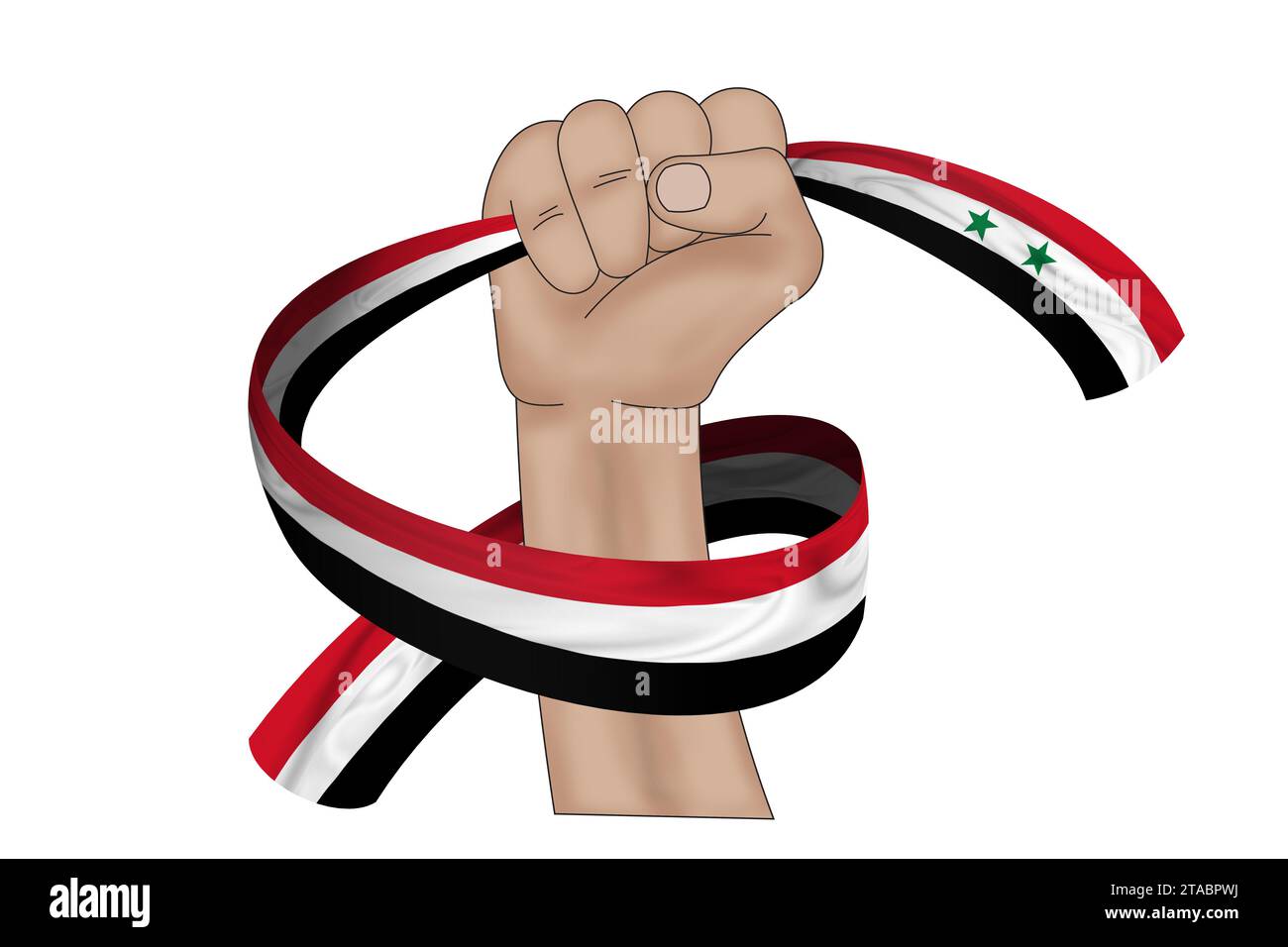 3D illustration. Hand holding flag of Syria on a fabric ribbon ...