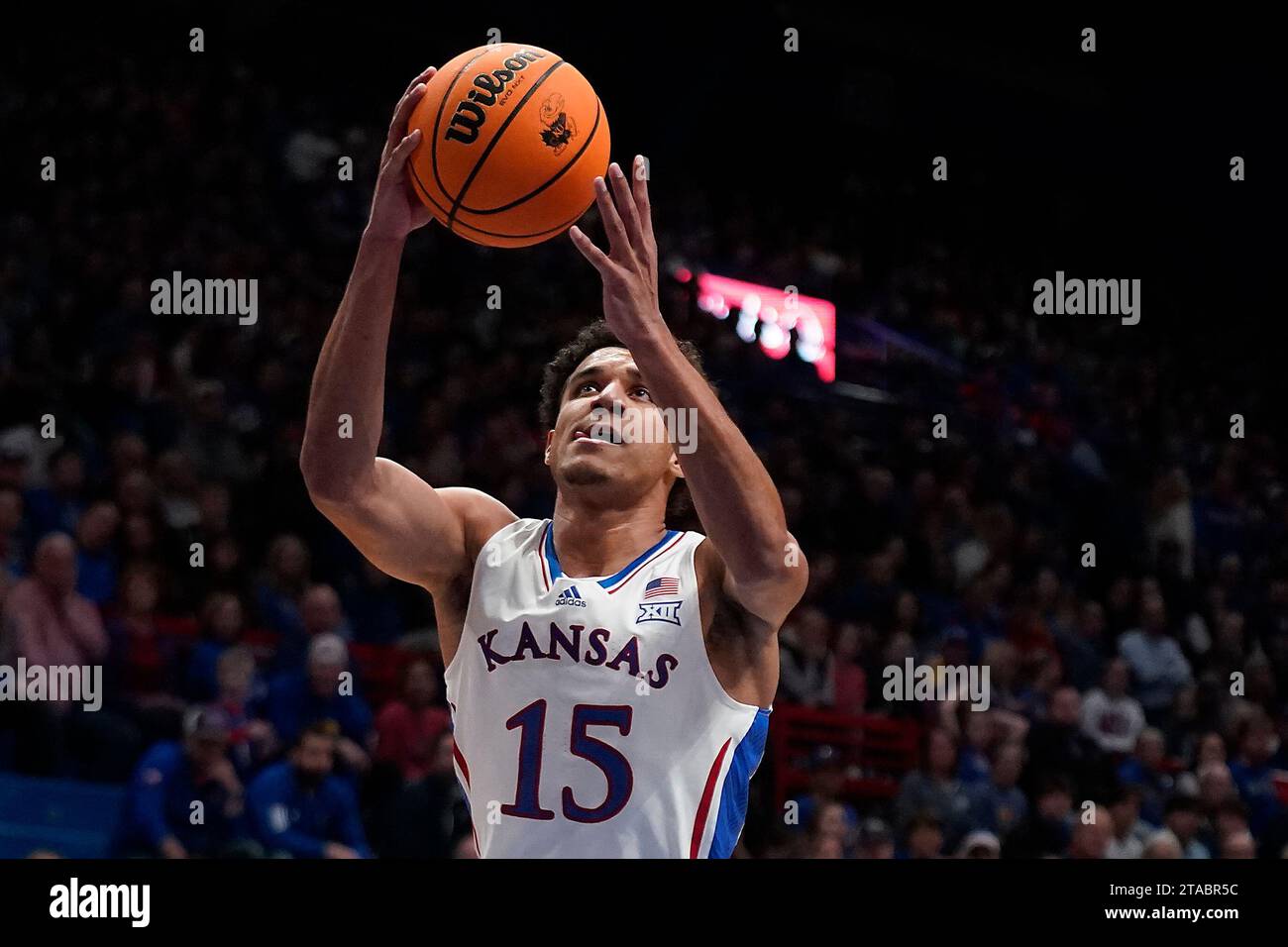 Kansas guard Kevin McCullar Jr. shoots during the first half of an NCAA ...