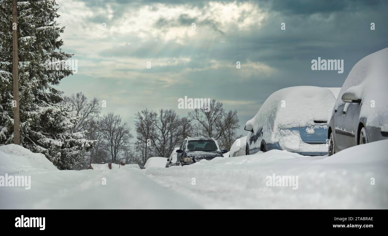 Enchanting winter landscape, where a group of vehicles has been ...