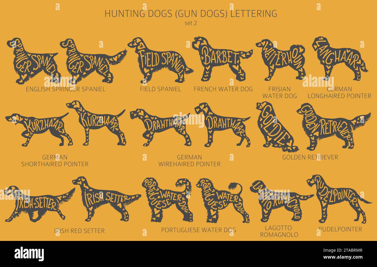 Dog breeds silhouettes with lettering, simple style clipart. Hunting ...