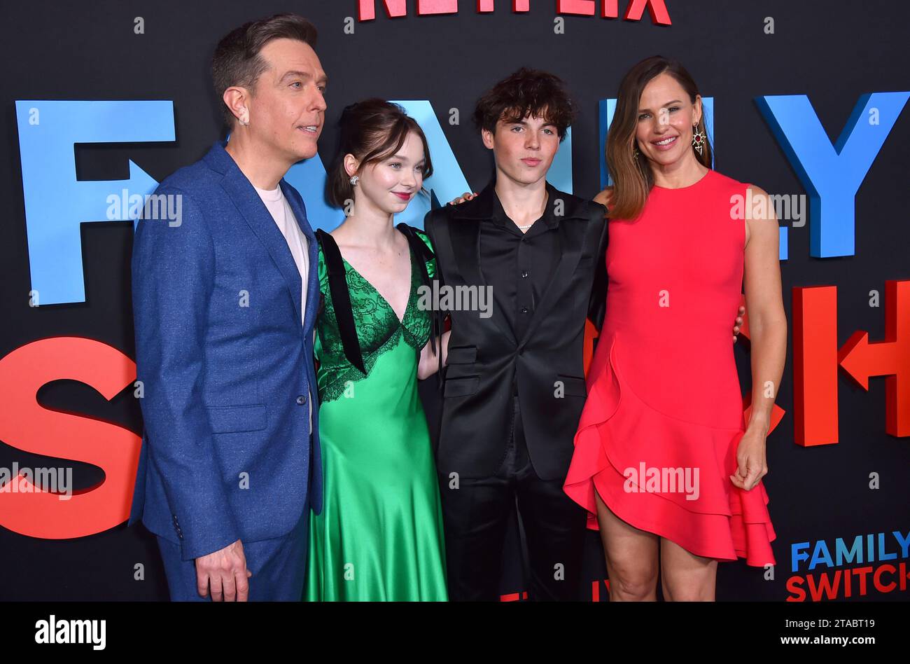 Ed Helms, from left, Emma Myers, Brady Noon, and Jennifer Garner arrive ...