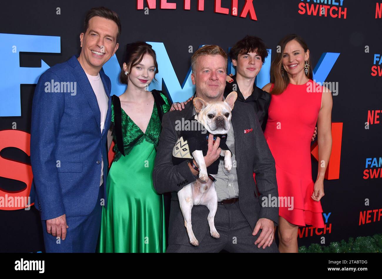 Ed Helms, from left, Emma Myers, McG, Brady Noon, and Jennifer Garner ...