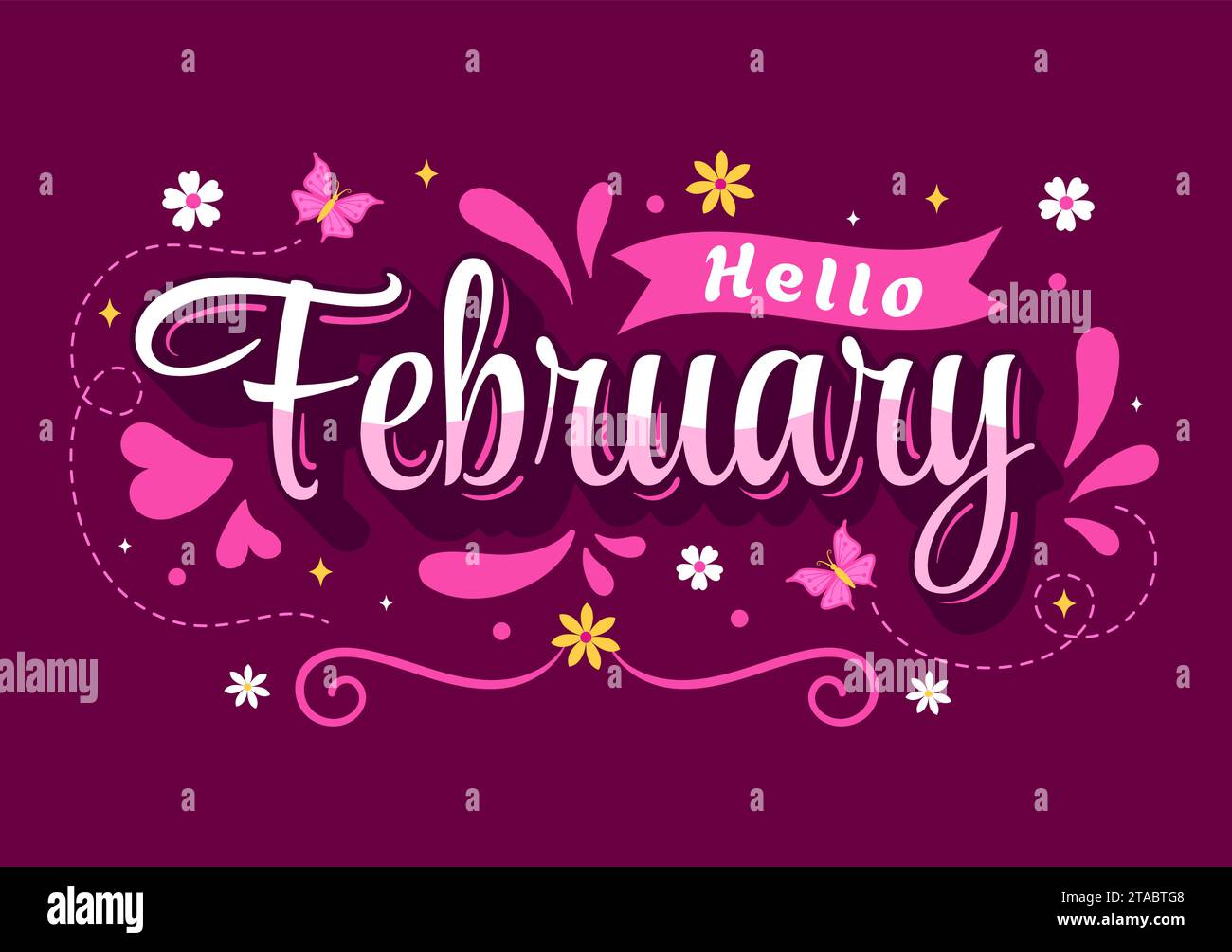 Hello February Month Vector Illustration with Flowers, Hearts, Leaves ...