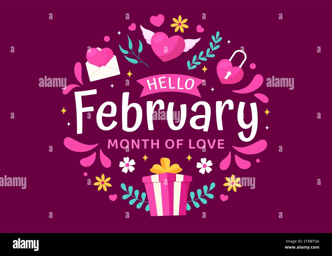 Hello February Month Vector Illustration with Flowers, Hearts, Leaves ...