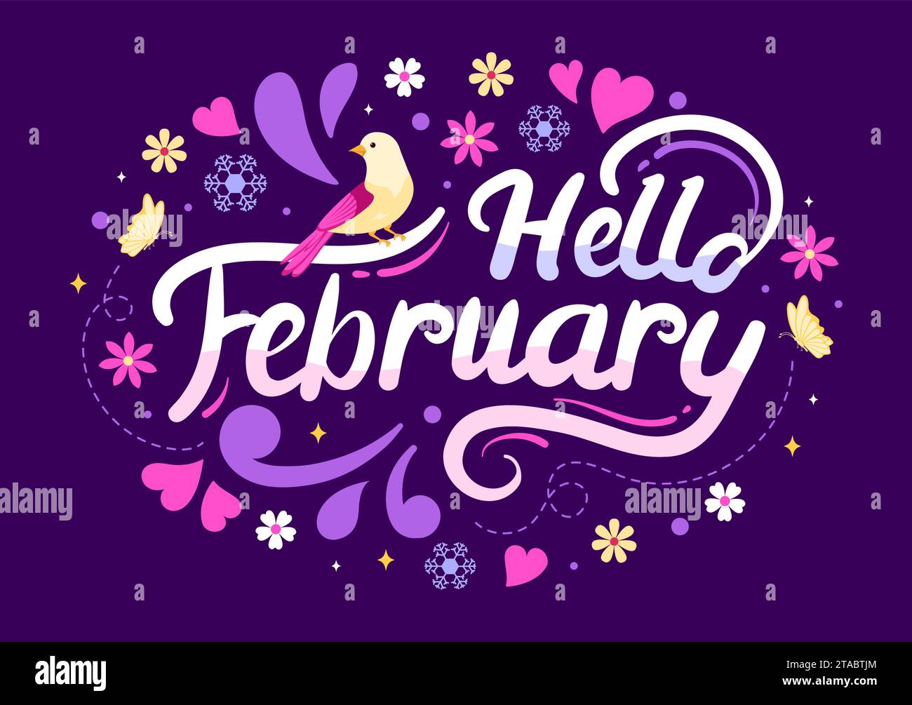 Hello February Month Vector Illustration with Flowers, Hearts, Leaves ...