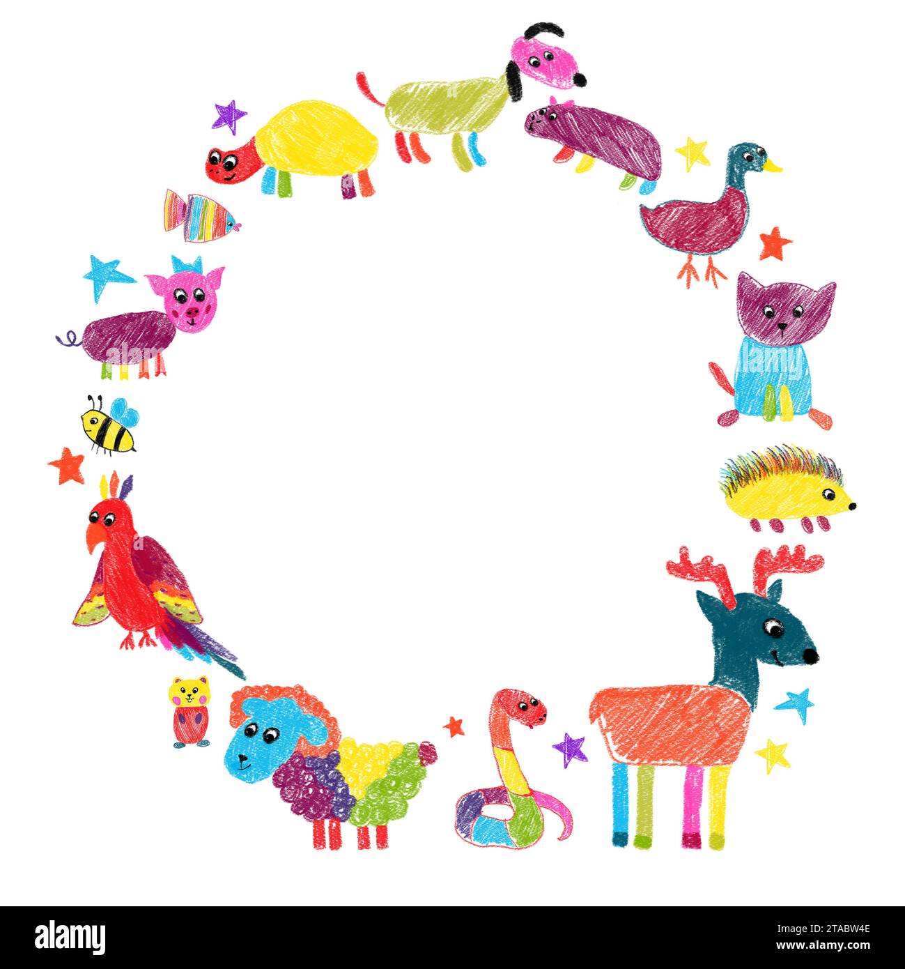 Round frame of hand-drawn children's animals on a white background ...