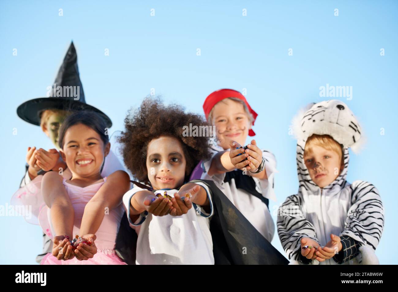 Children, hands and portrait for halloween costume for sweet candy ...