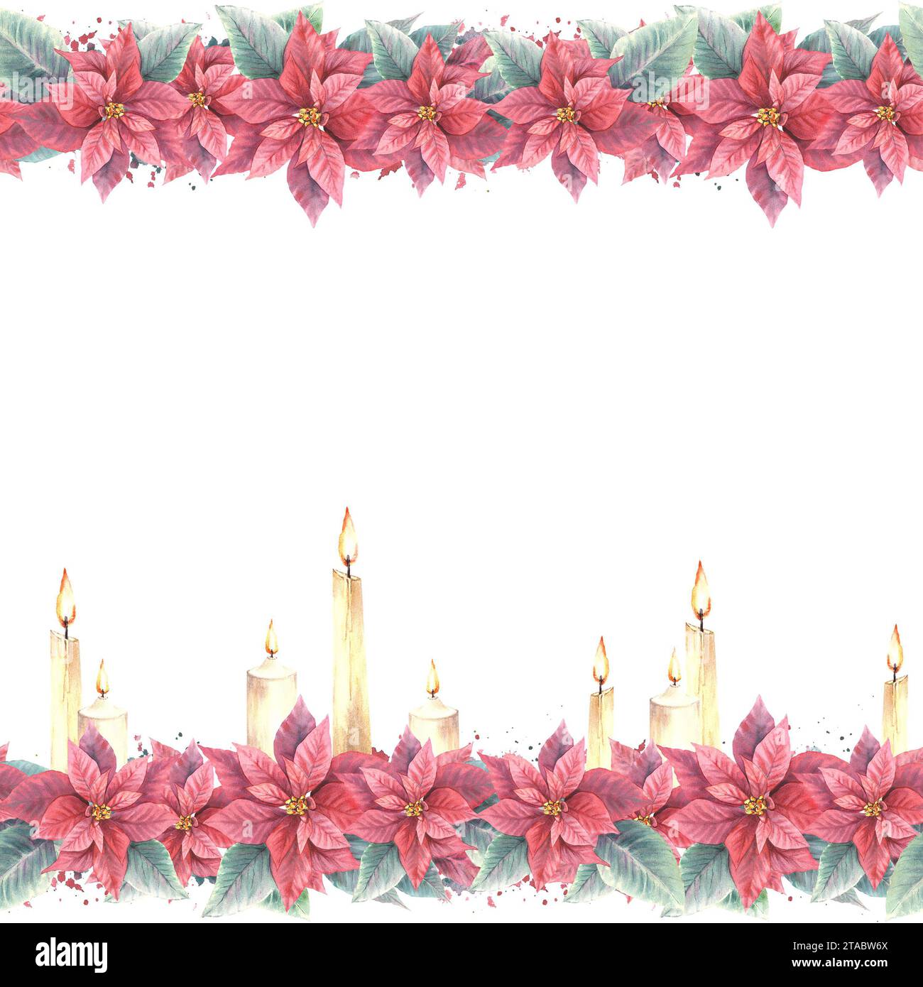 Watercolor painted seamless border, frame of red Poinsettia flowers and ...