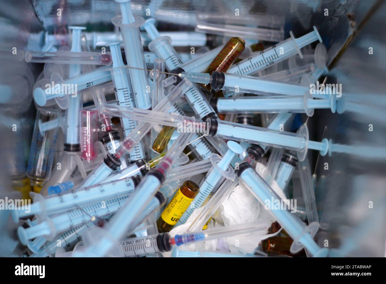 Cairo, Egypt, October 24 2023: medical waste of sharp needles, syringes ...