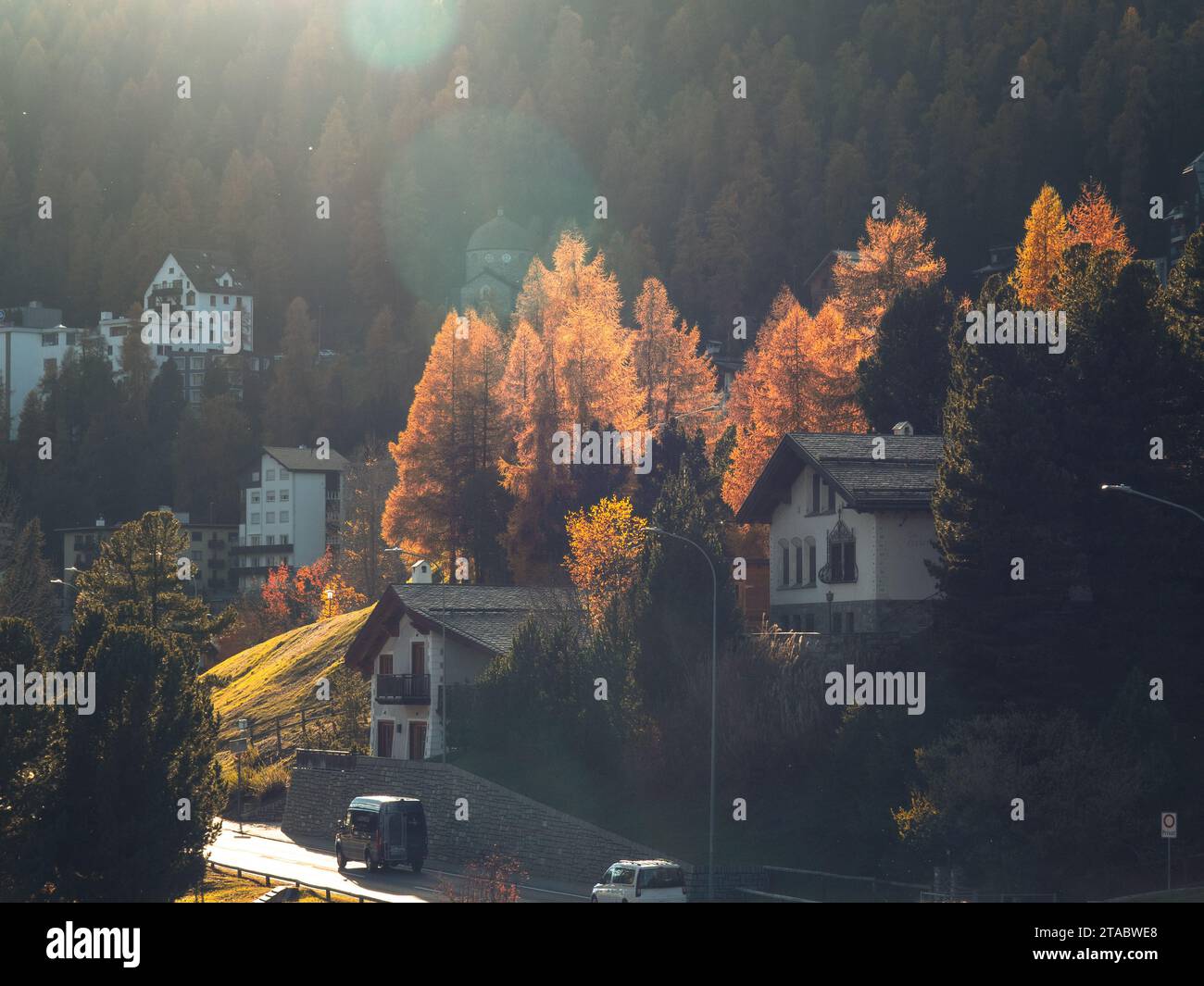 Magnificent autumn atmosphere of St.Moritz, famous and luxury ski ...