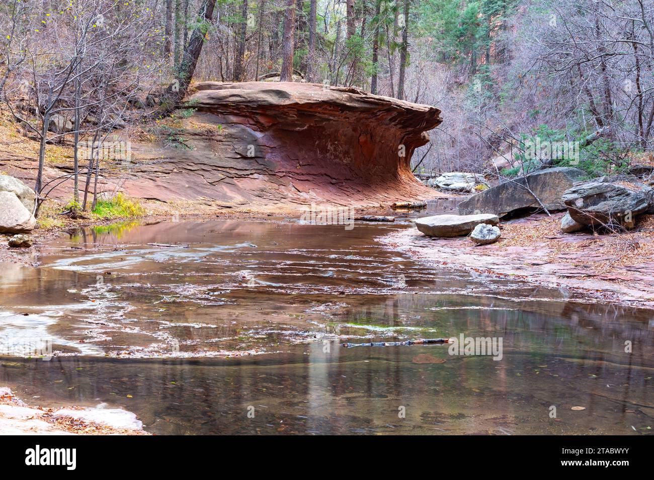 Mushroom Shape Red Rock Formation Calm Water Reflection. Scenic Oak ...