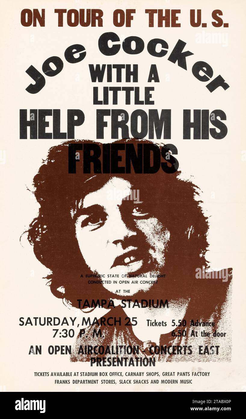 Joe Cocker 1972 Tampa Stadium, Florida "With A Little Help from his Friends" Concert Poster ...