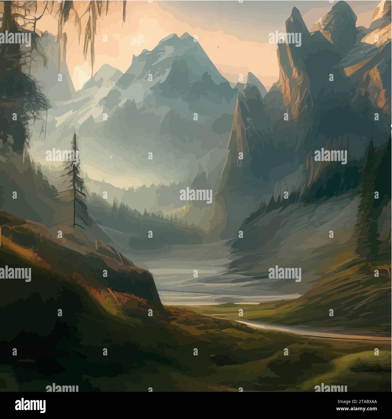 Cartoon landscapes. Beautiful mountains with forest on background sky ...