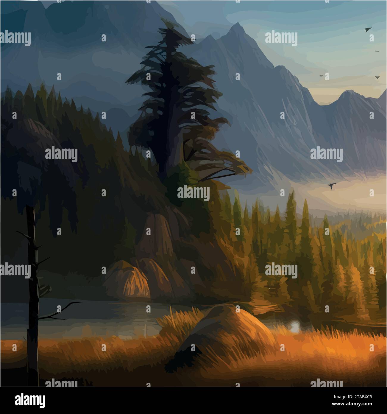 Cartoon landscapes. Beautiful mountains with forest on background sky ...