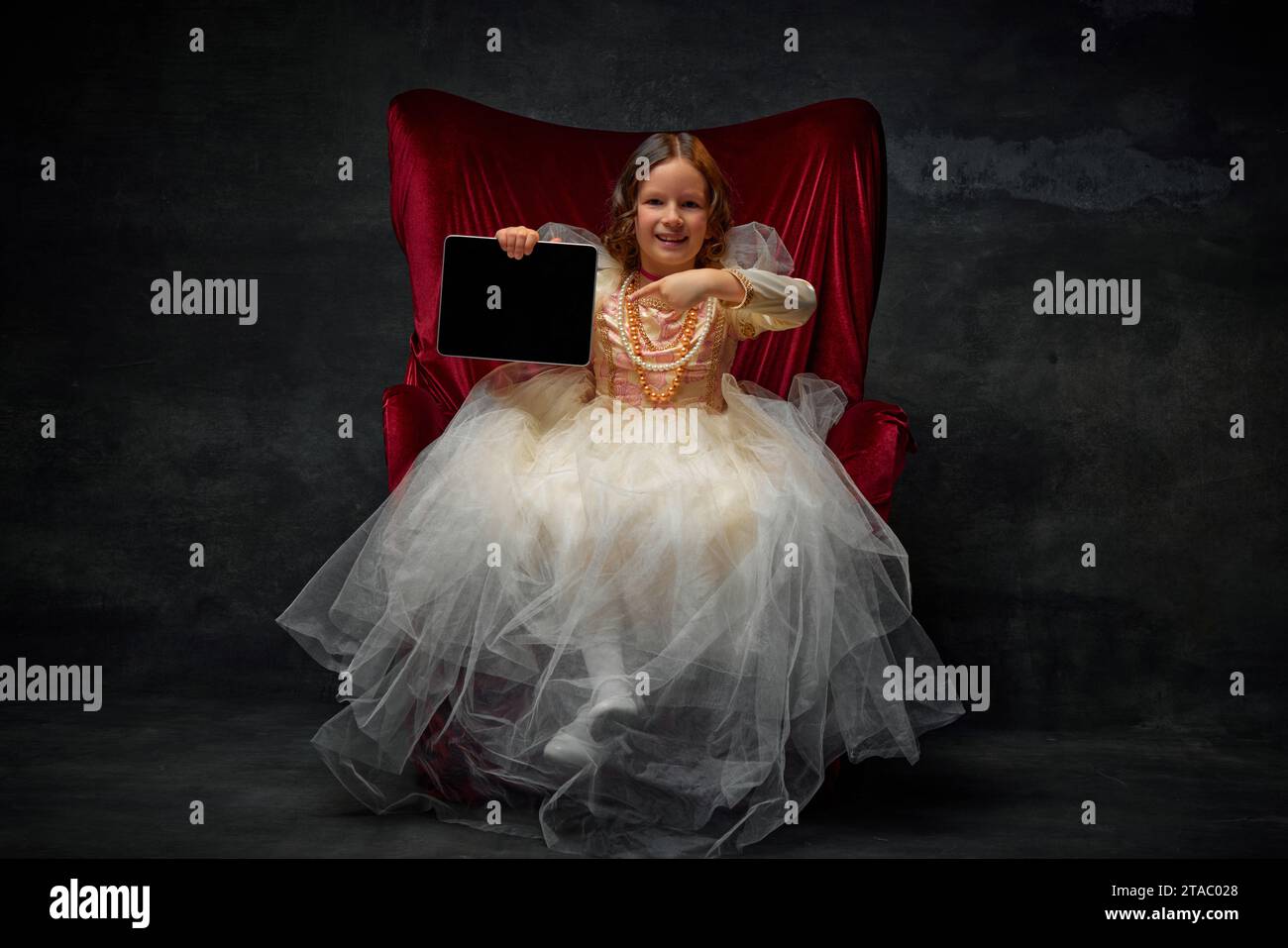 Digitalization. Charming princess, girl sitting on royal throne, and ...