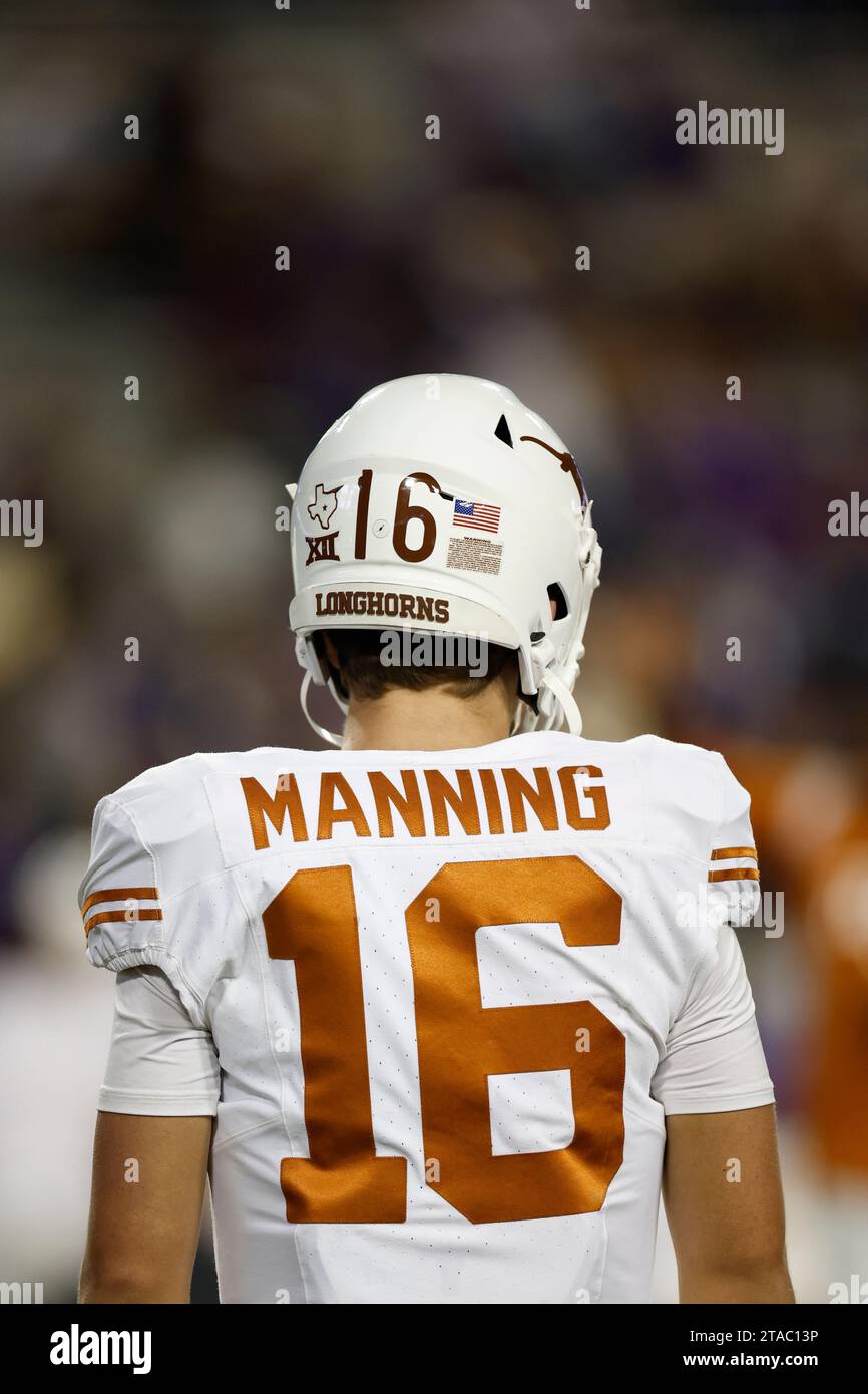 Texas quarterback Arch Manning (16) from the back during pregame ...