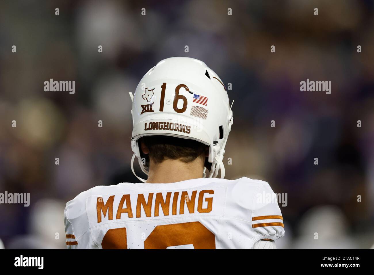 Texas quarterback Arch Manning (16) from the back during pregame ...