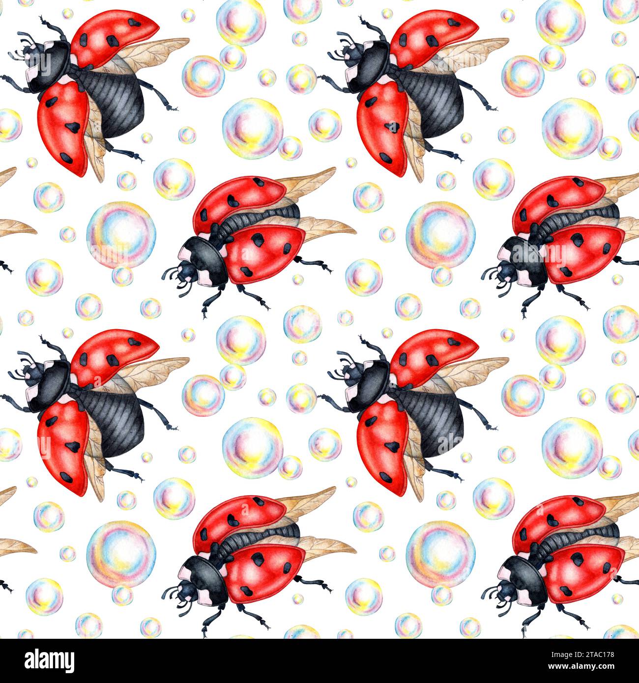Watercolor illustration of a drawing of red ladybugs with black dots ...