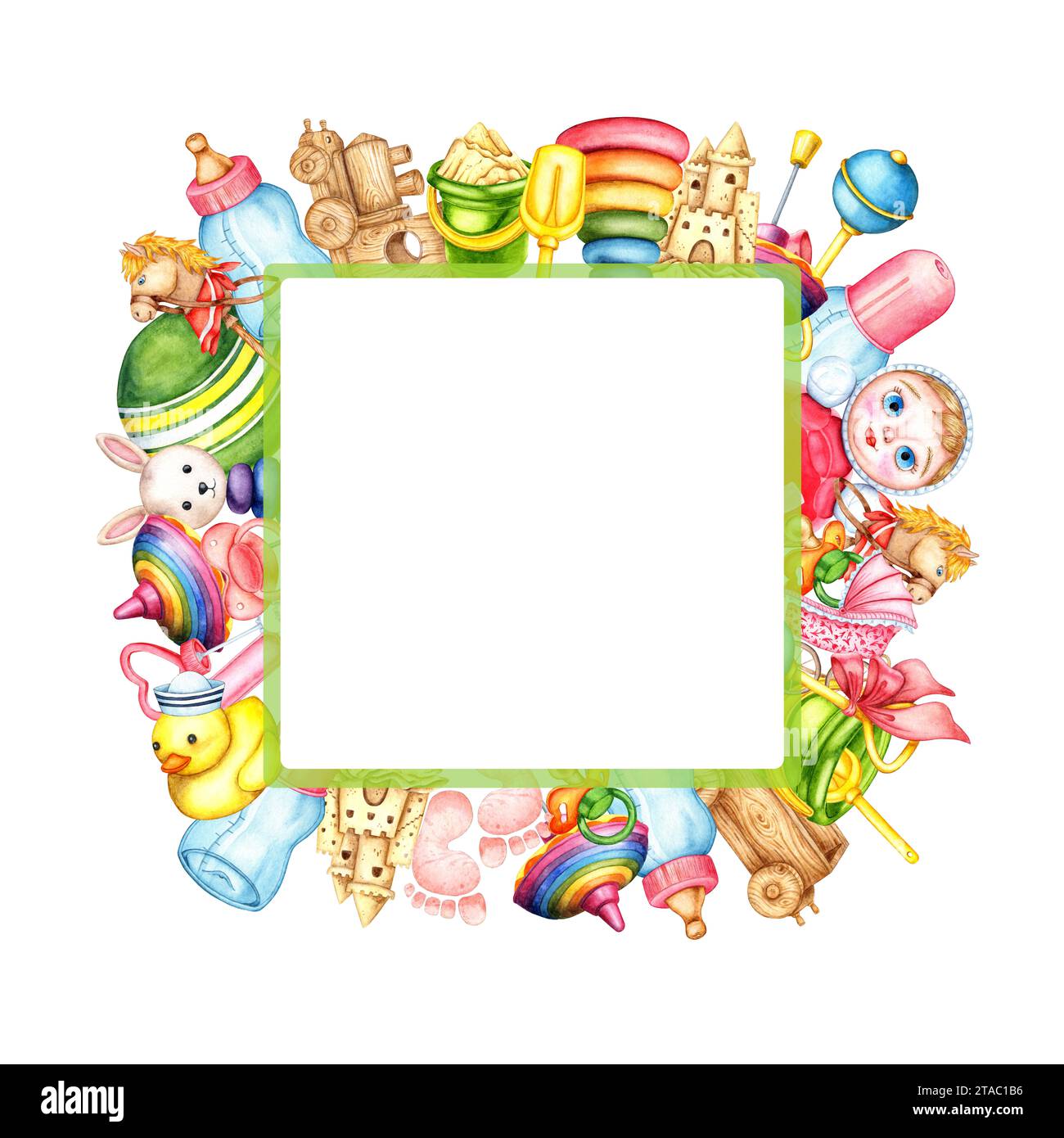 Watercolor illustration of a pink square frame made from children's ...