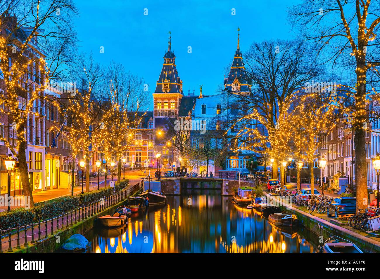 Amsterdam Netherlands canals with Christmas lights during December ...