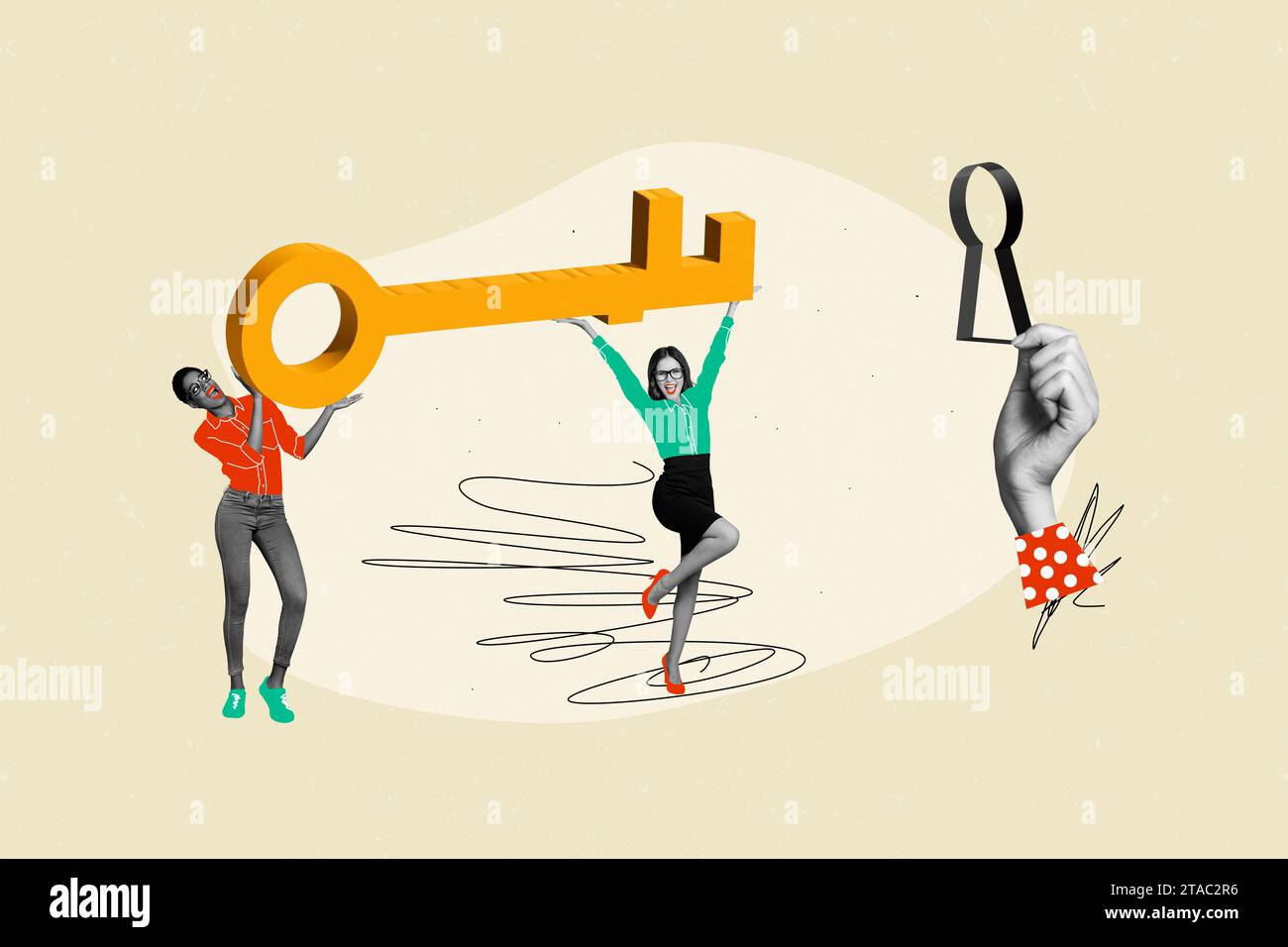 Poster collage image of happy smiling people hold huge key opening lock ...