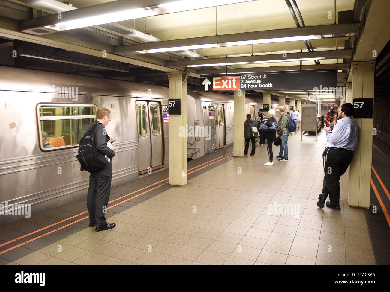 New York, USA - June 8, 2018: People on subway platform waiting for the ...