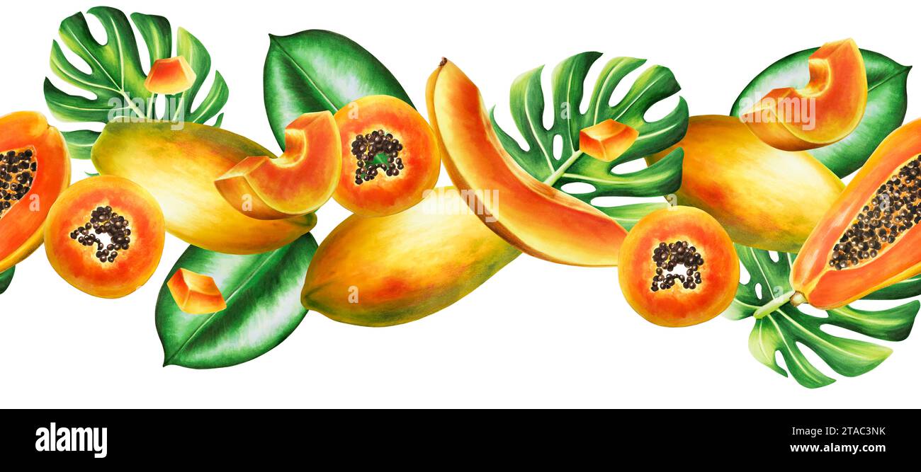 Marker seamless border with sweet ripe slice of papaya with grains ...