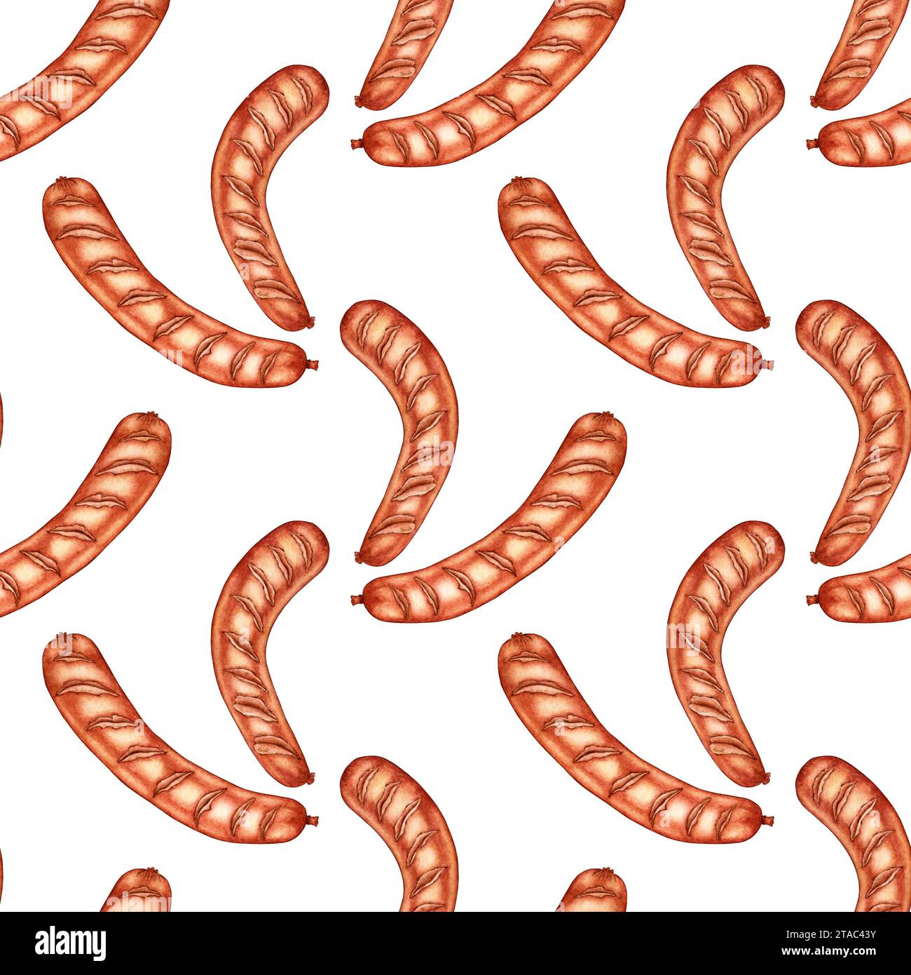 Watercolor illustration of grilled sausages pattern. Traditional snack ...