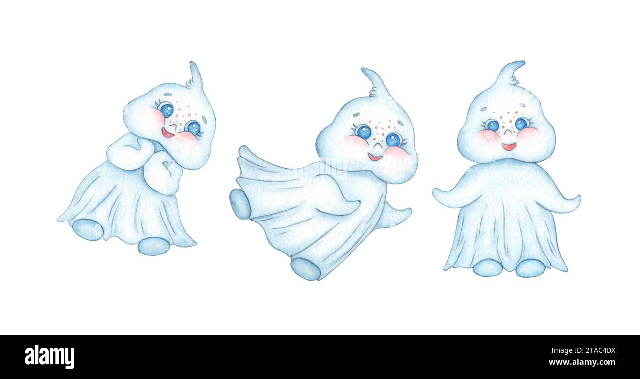 Watercolor illustration set of three little cute ghosts. Halloween ...