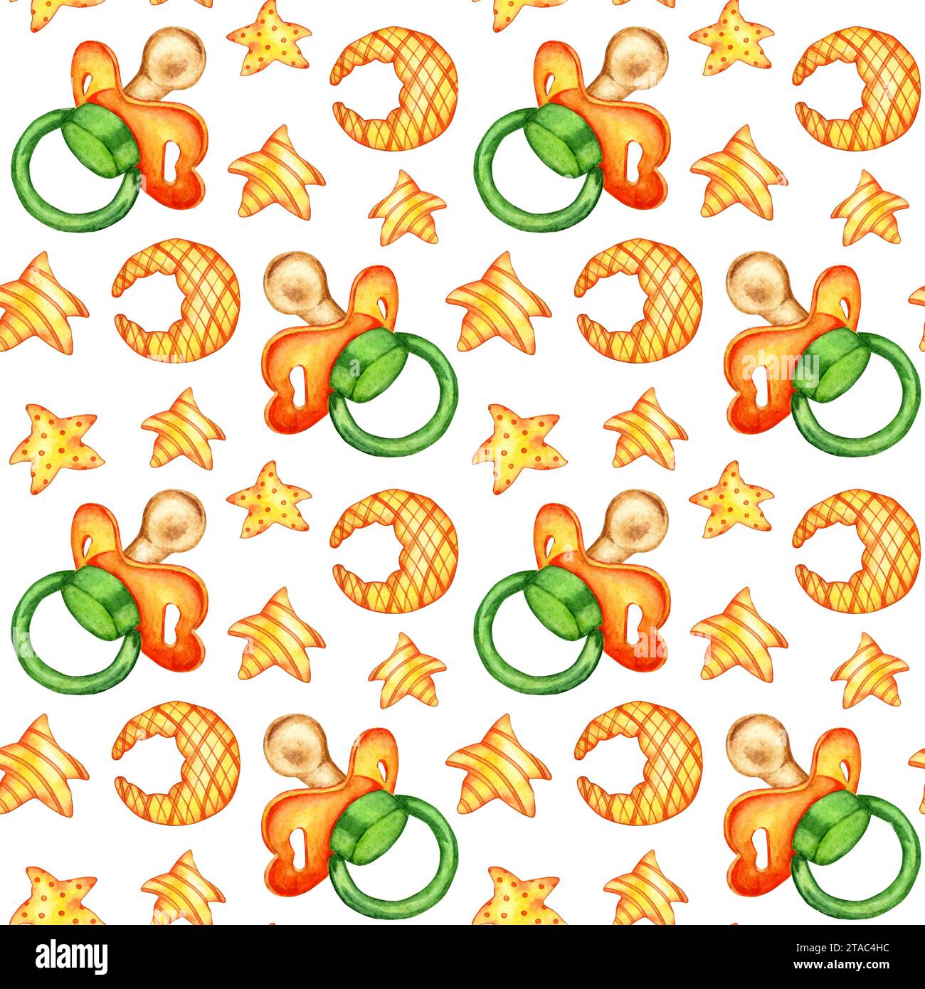 Watercolor illustration of a child's drawing pattern of orange stars ...