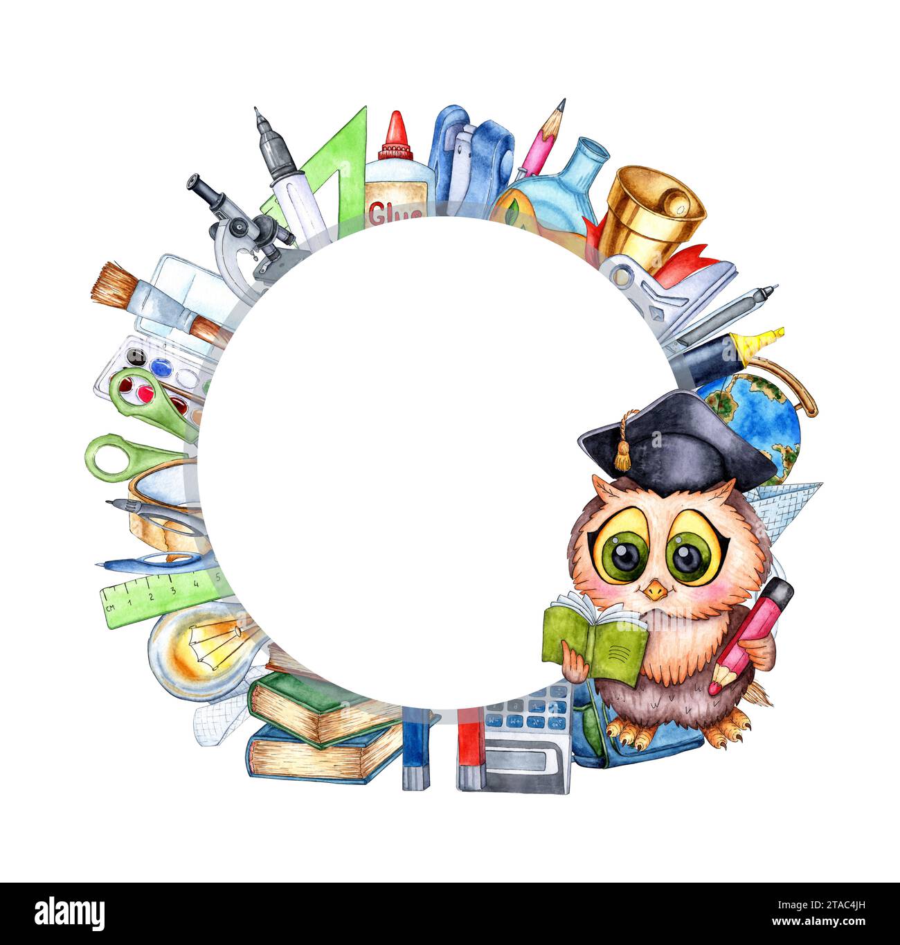 Watercolor illustration round frame with students, school supplies ...