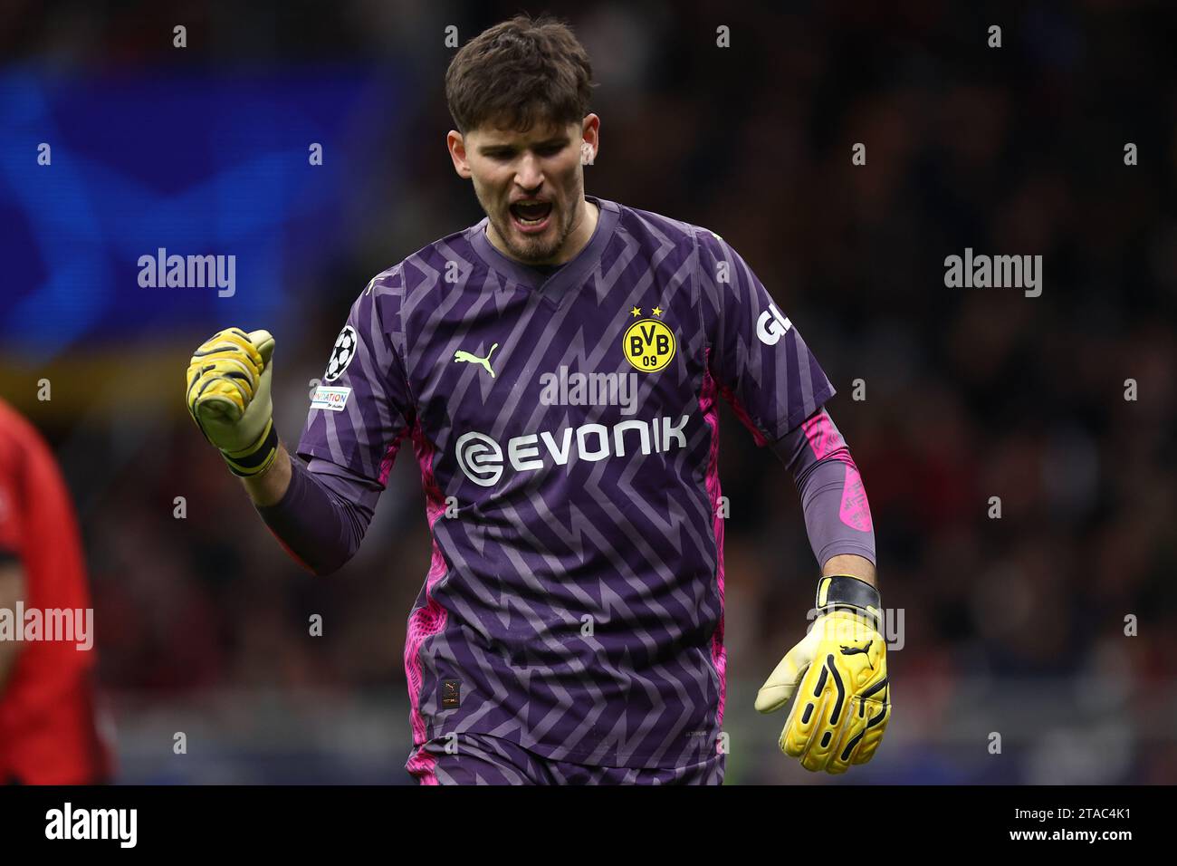 Gregor Kobel of Borussia Dortmund celebrates during the Uefa Champions ...