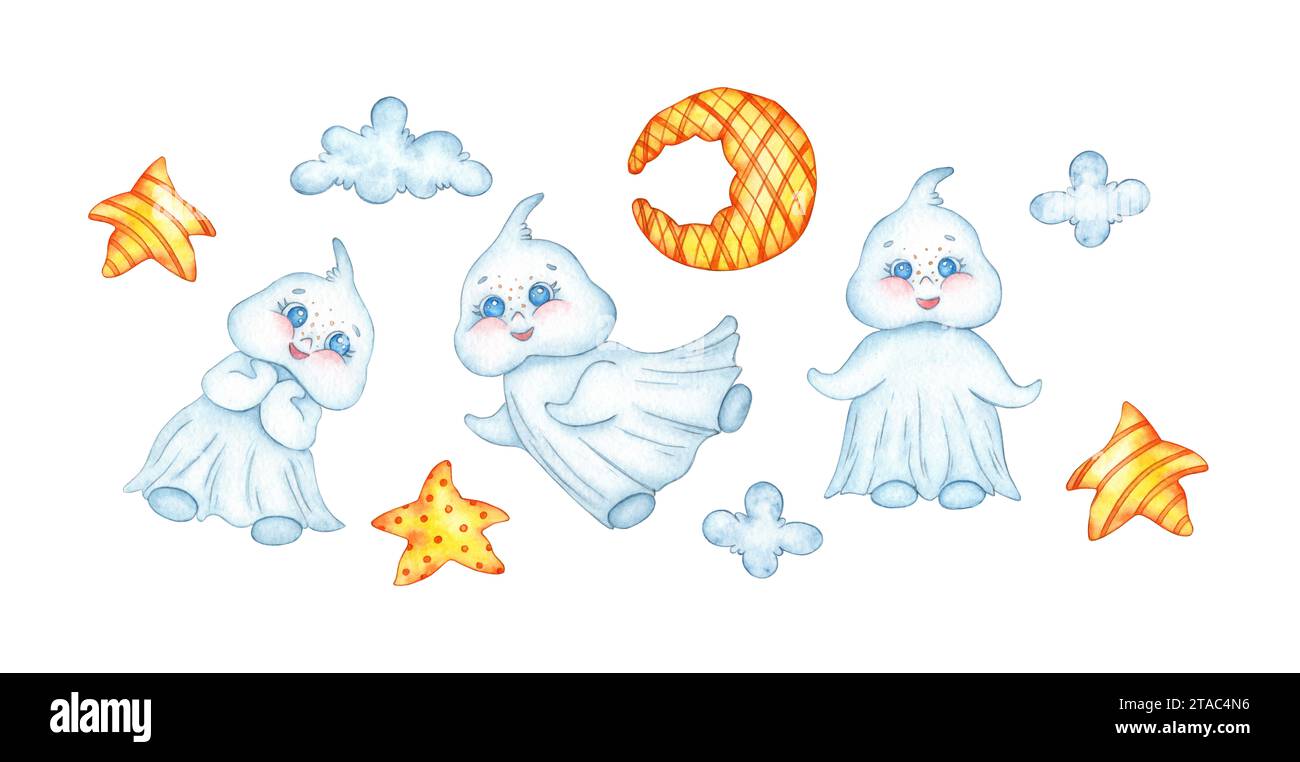 Set of watercolor illustrations of three little cute ghosts, moon, star ...