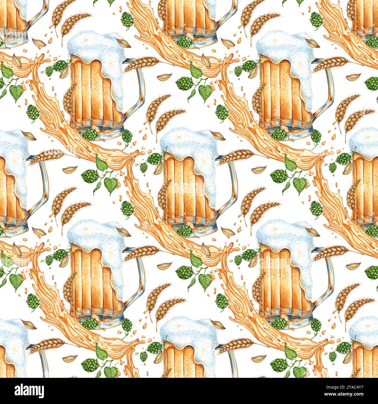 Watercolor illustration of a beer pattern with foam in a mug and ...