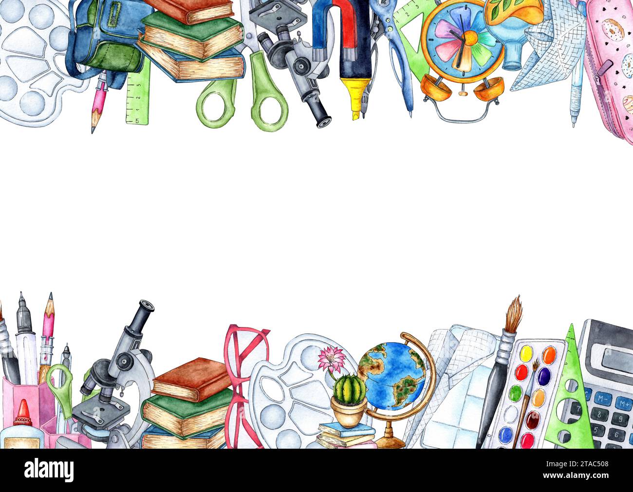 Watercolor illustration frame border top bottom with students, school ...