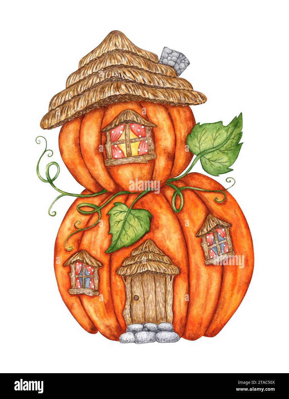Watercolor illustration of an orange pumpkin house with a wooden door ...