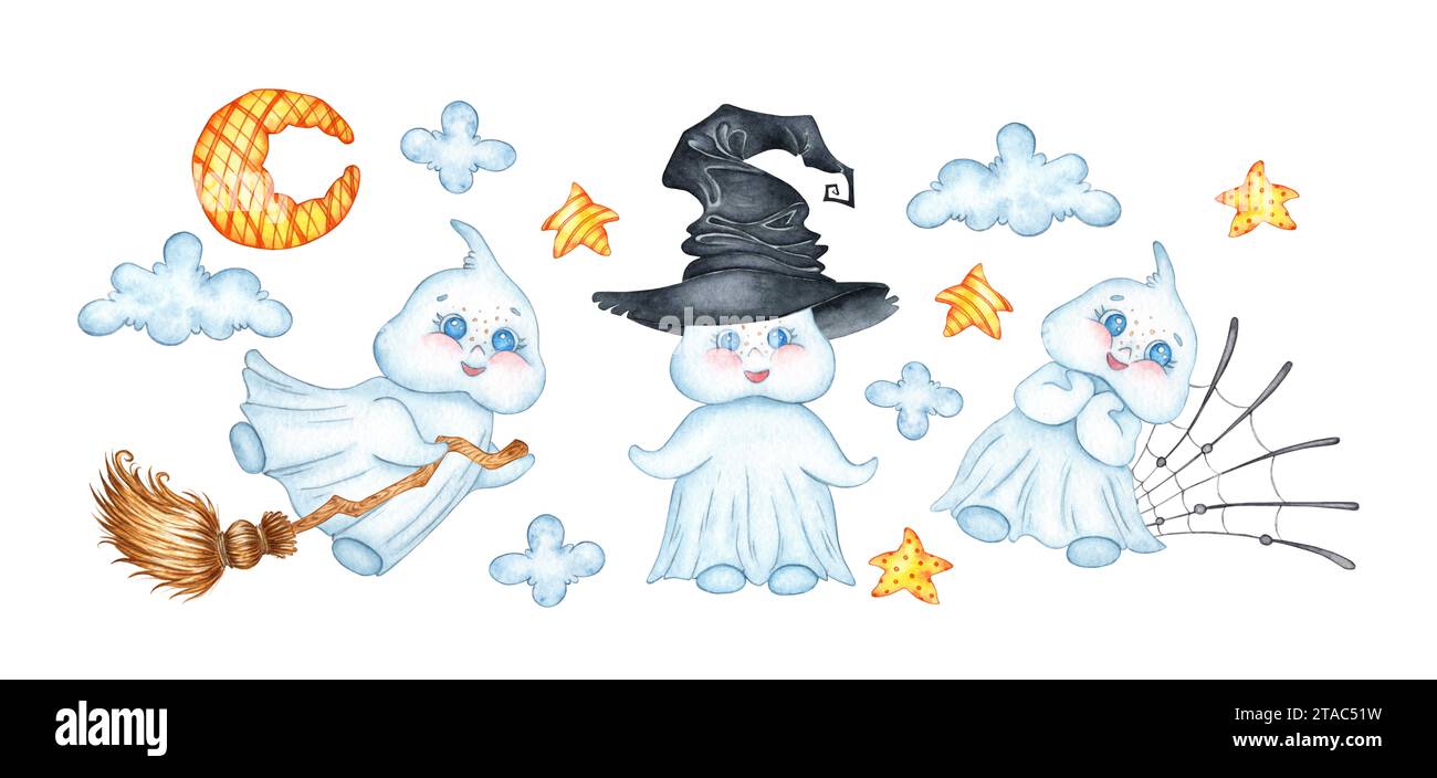 Set of watercolor illustrations of three little cute ghosts with hat ...