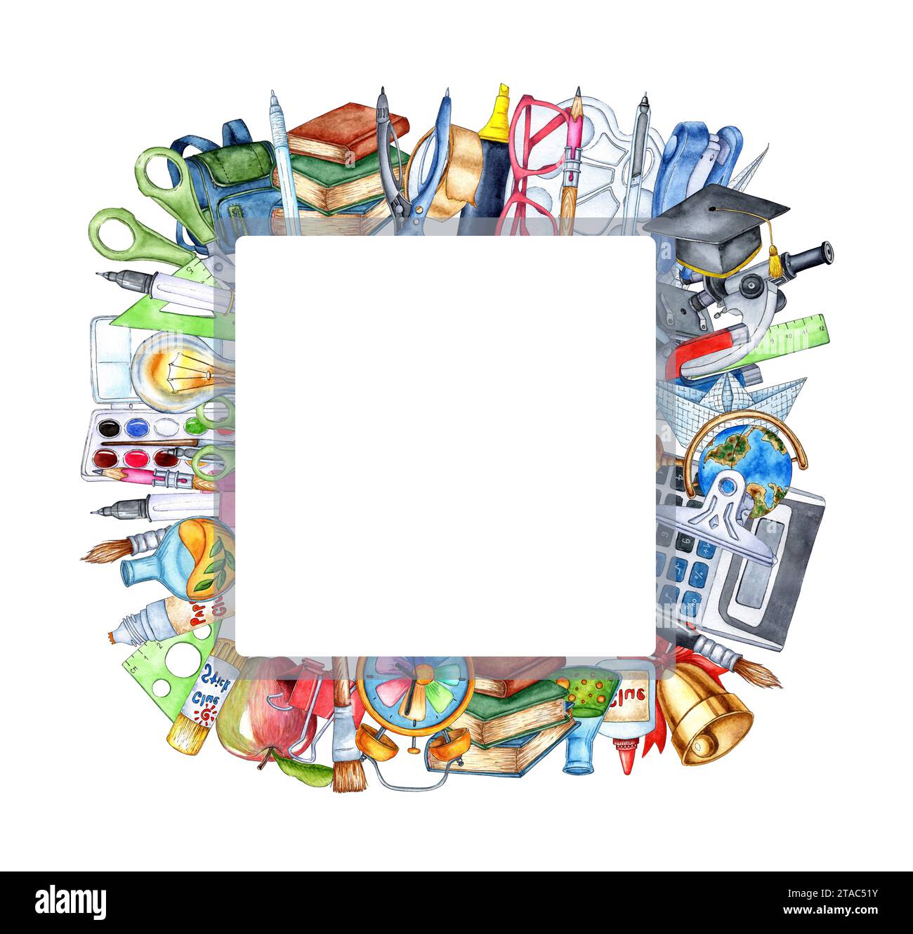 Square frame watercolor illustration with students, school supplies ...