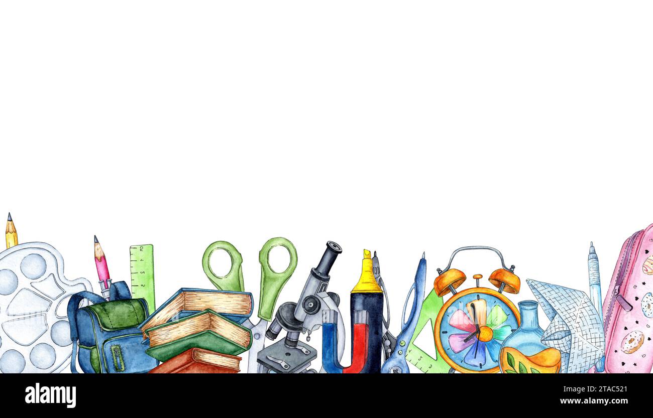 Watercolor illustration frame border with students, school supplies ...