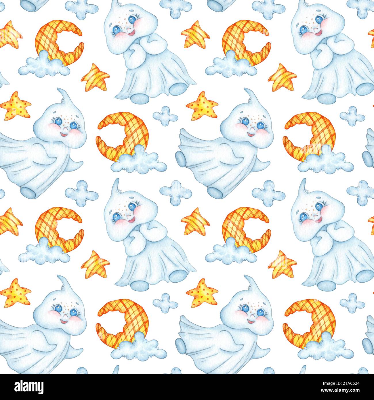 Watercolor illustration pattern of little cute ghosts, moon, stars and ...