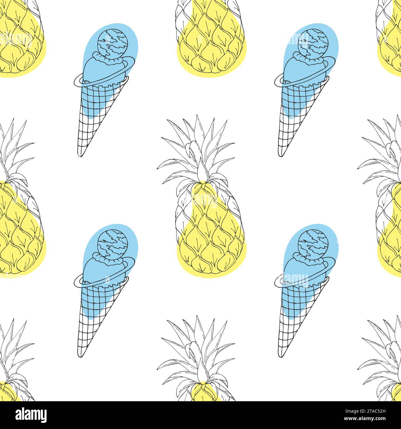 Ice cream and pineapples pattern with contour hand drawings on white background with blue and ...