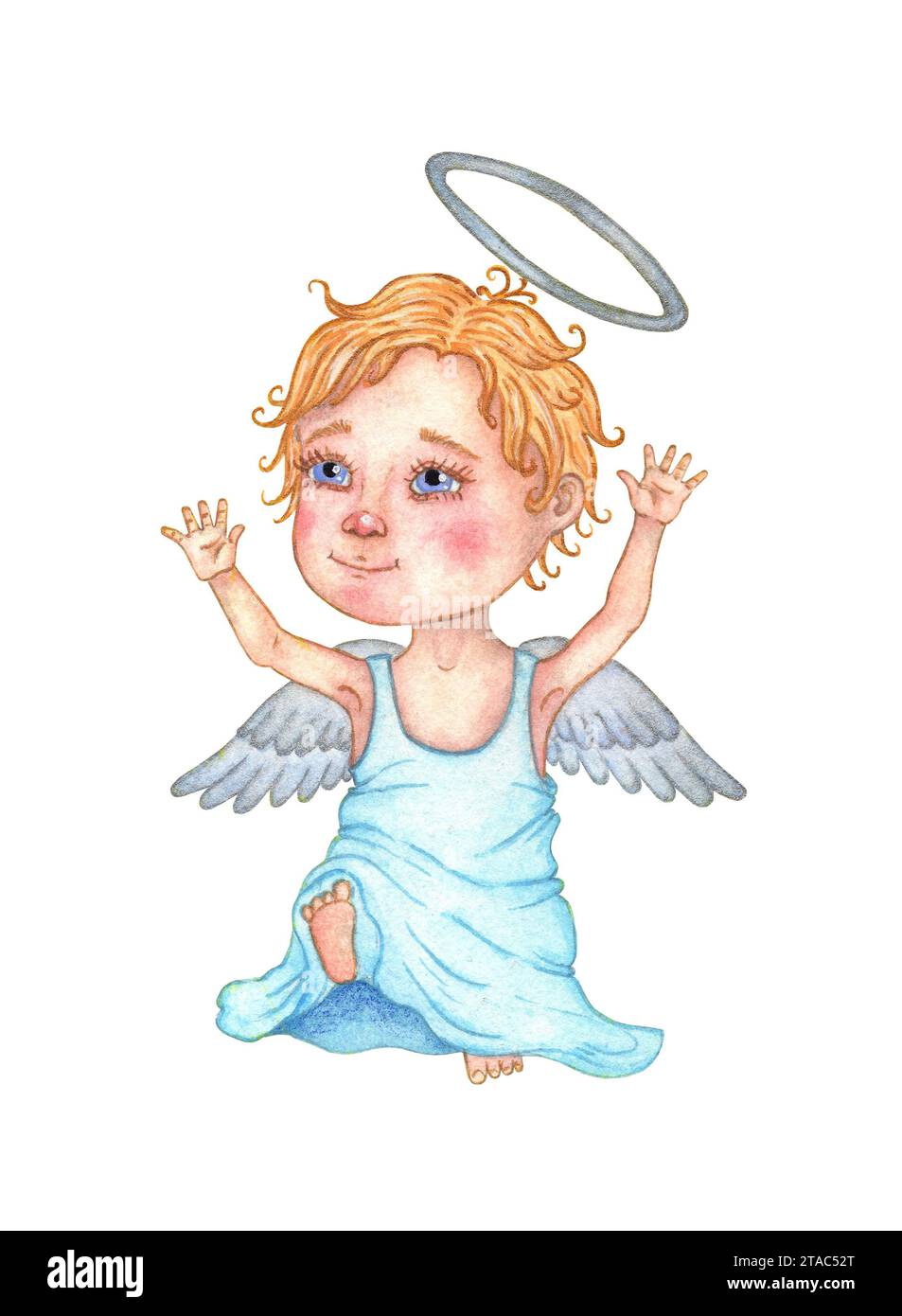 Watercolor illustration of a little cute angel in a big robe on an ...
